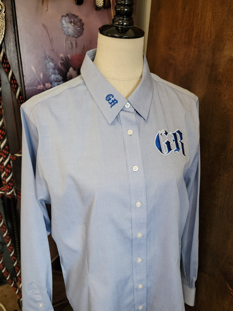 Good Ride Ladies Button Down Shirt Light Denim Blue Logo – Rock & Rail ...